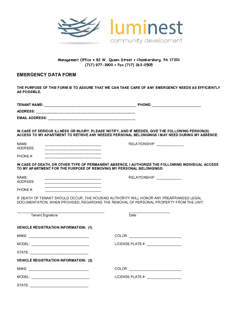 Fillable Online Emergency Data Form for Tenants Fax Email Print - pdfFiller