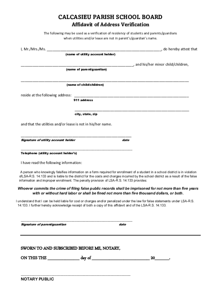 Fillable Online Affidavit of Address Verification for Residency of Students Fax Email Print ...