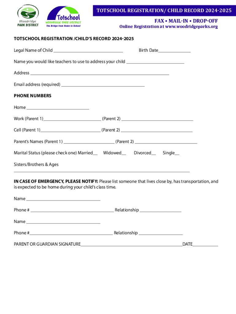 Fillable Online Totschool Registration and Child Record Fax Email Print ...