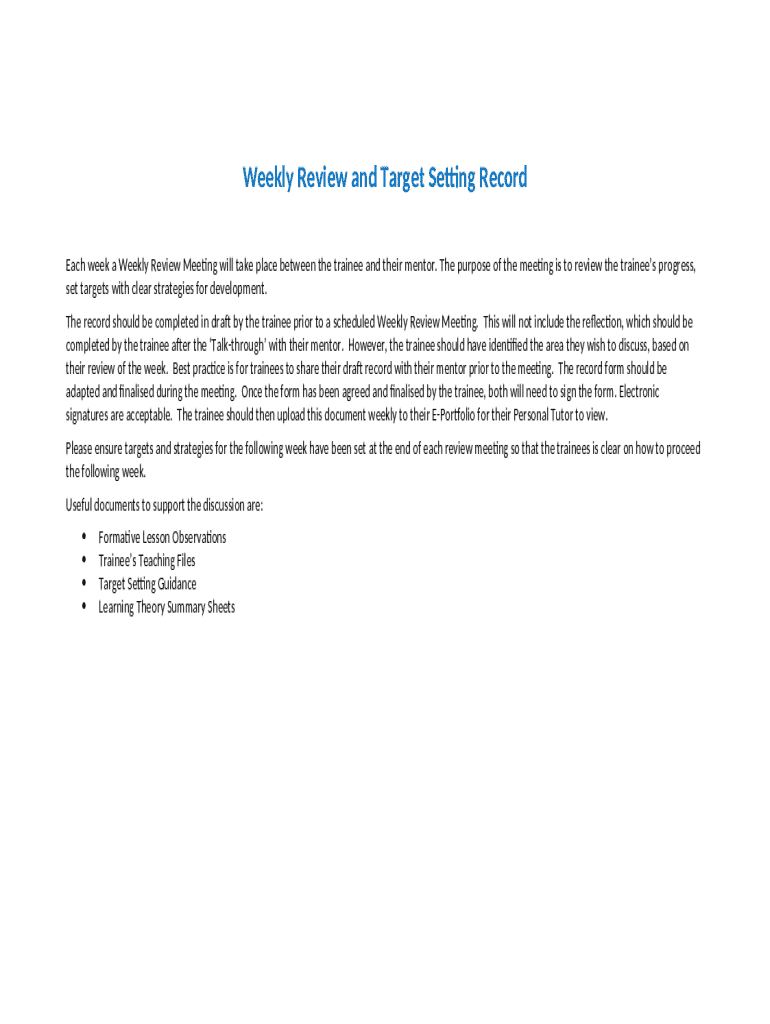 Weekly Review and Target Setting Record Doc Template | pdfFiller