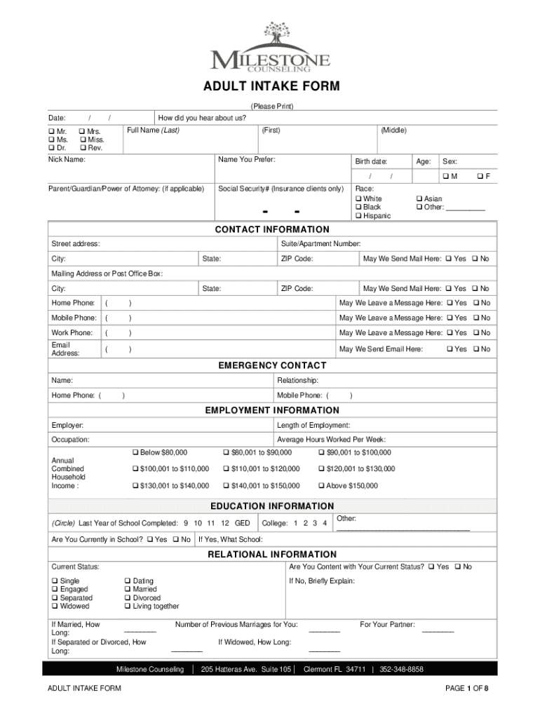 Fillable Online Adult Intake Form for Counseling Services Fax Email ...