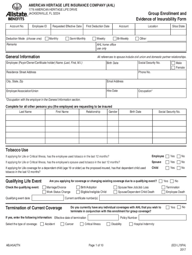 Fillable Online Group Enrollment and Evidence of Insurability Fax Email ...
