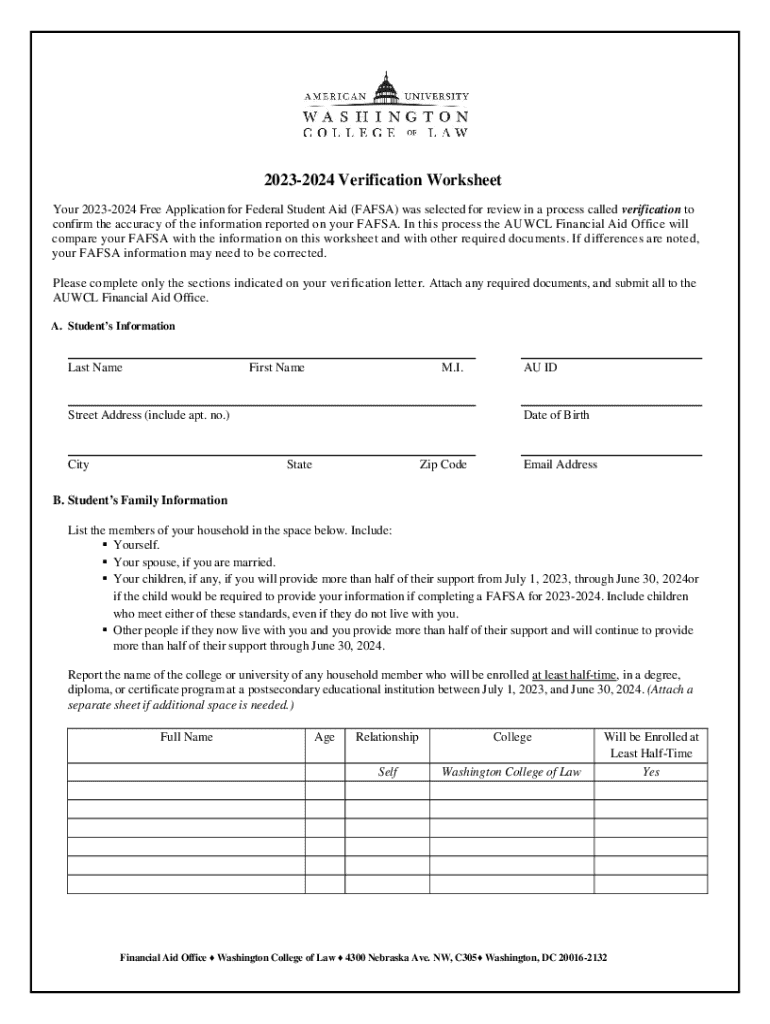 Fillable Online 2023-2024 Fafsa Verification Worksheet Fax Email Print - pdfFiller