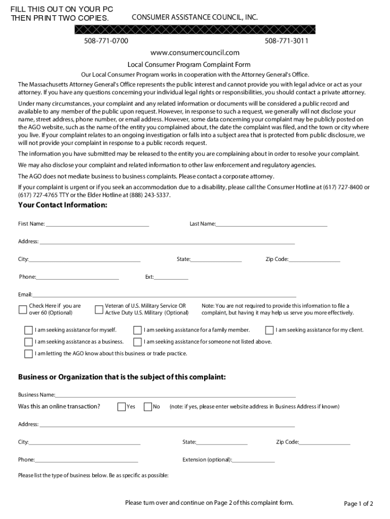 Fillable Online Consumer Assistance Council Complaint Form Fax Email ...
