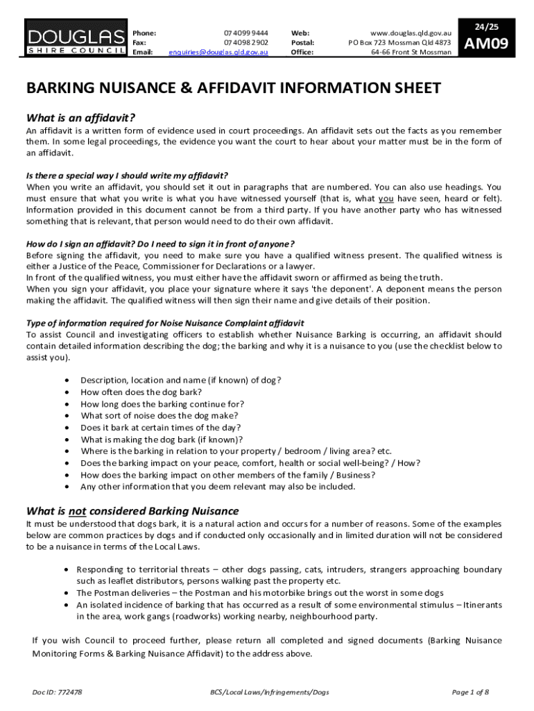 Fillable Online Barking Nuisance Complaint Affidavit Information Fax ...