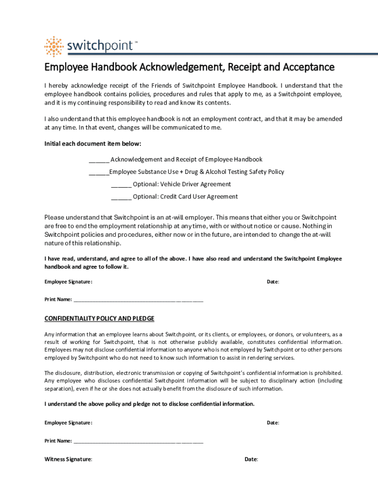 Fillable Online Employee Handbook Acknowledgement Fax Email Print - pdfFiller