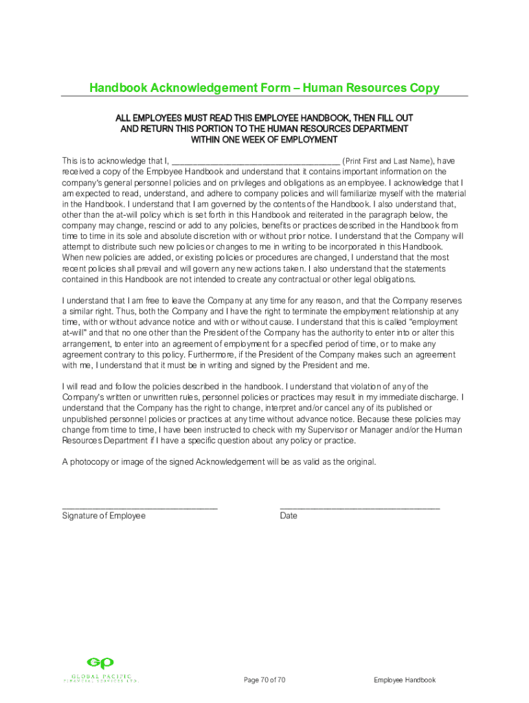 Fillable Online Employee Handbook Acknowledgement Fax Email Print - pdfFiller