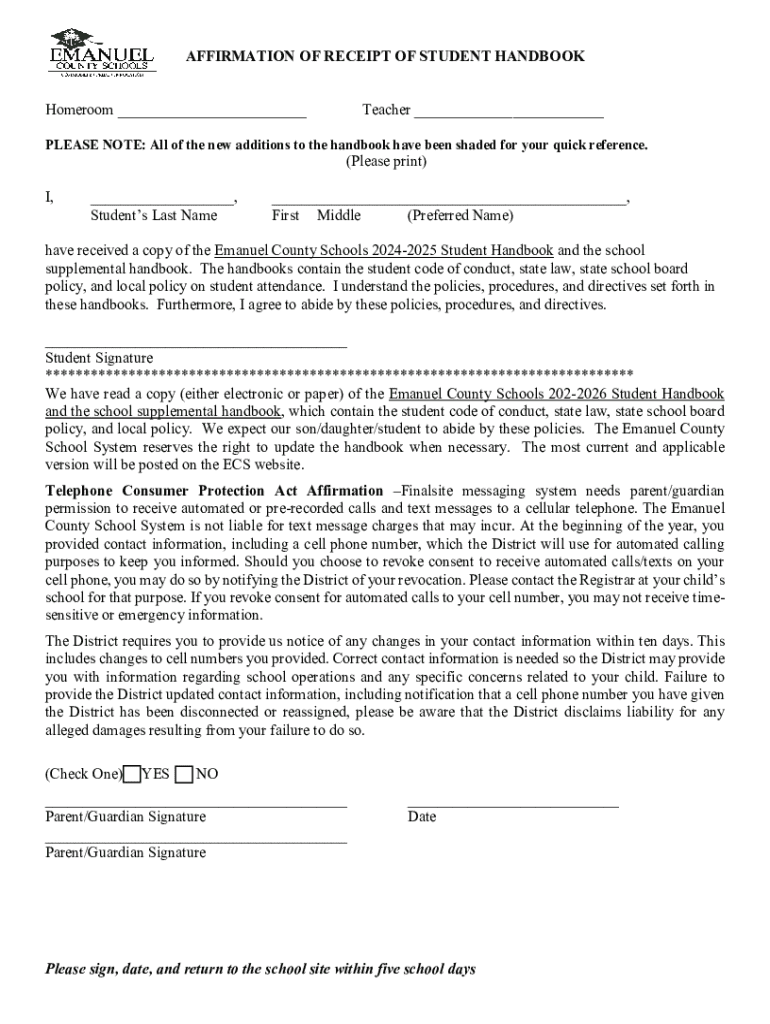 Fillable Online Affirmation of Receipt of Student Handbook Fax Email Print - pdfFiller