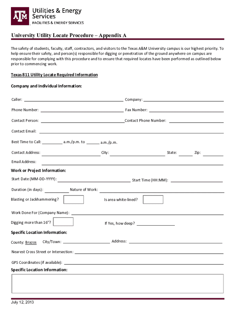 Fillable Online University Utility Locate Procedure Fax Email Print ...
