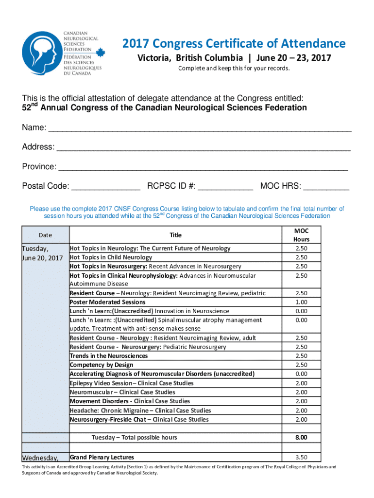 Fillable Online Certificate of Attendance for the 52nd Annual Congress ...