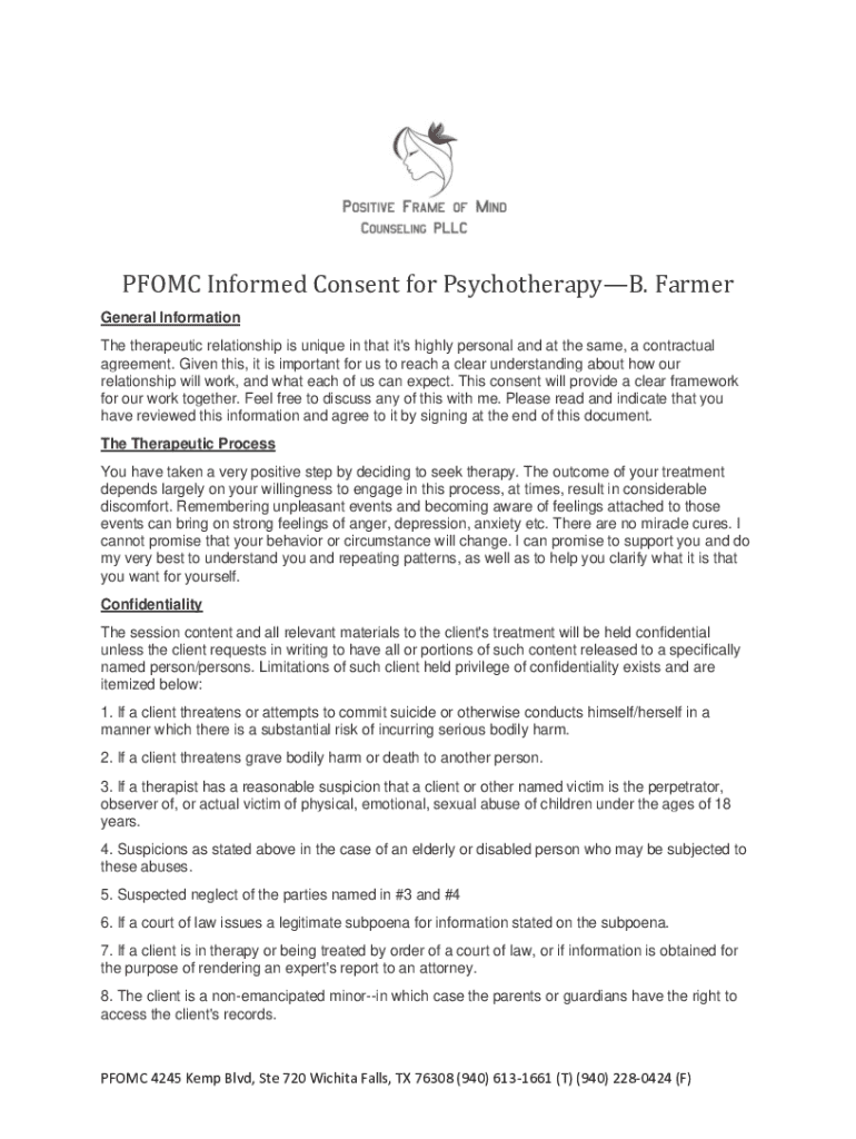 Fillable Online Informed Consent for Psychotherapy Fax Email Print ...