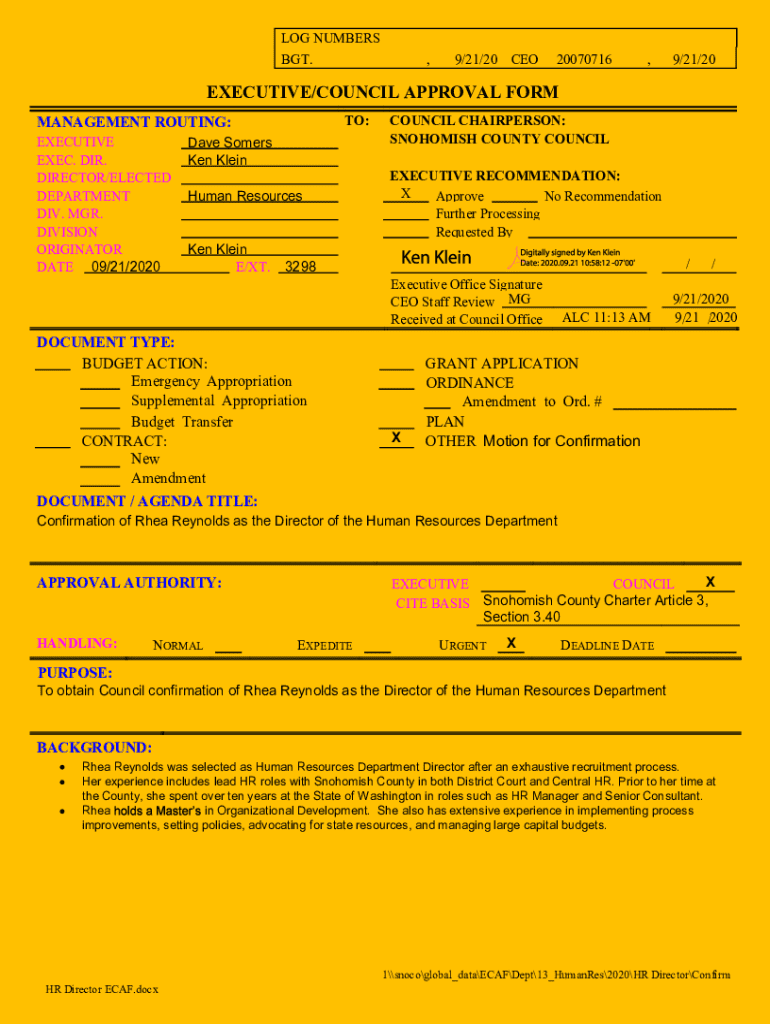 Fillable Online Executive Council Approval for Human Resources Director ...