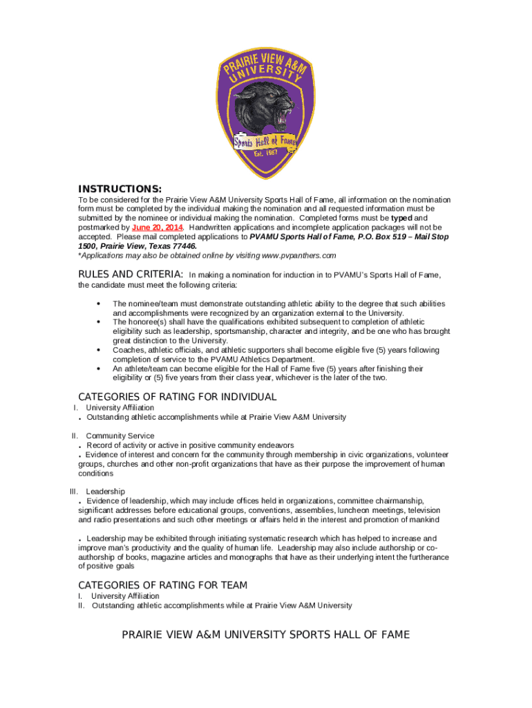 Prairie View a&m University Sports Hall of Fame Nomination Doc Template | pdfFiller