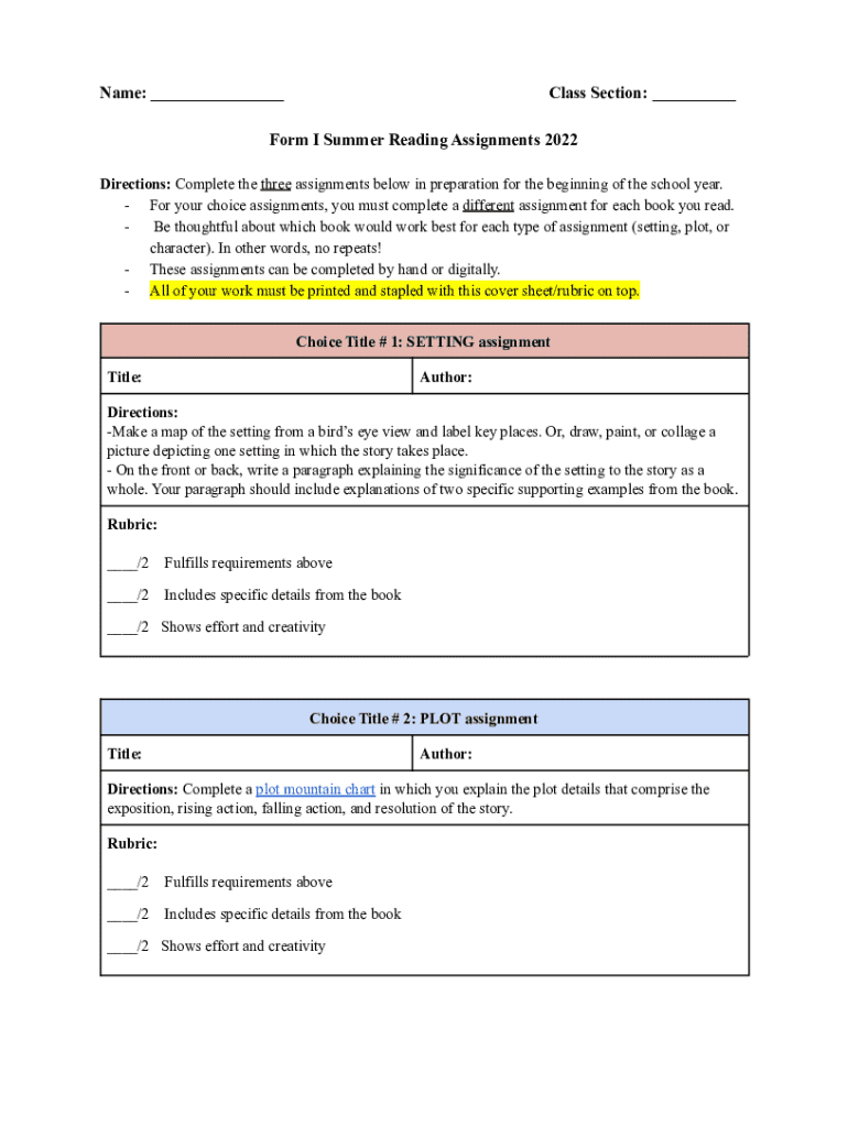 Fillable Online Summer Reading Assignments Fax Email Print - pdfFiller