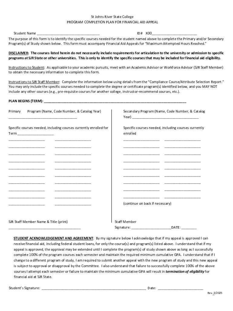 Fillable Online Program Completion Plan for Financial Aid Appeal Fax ...