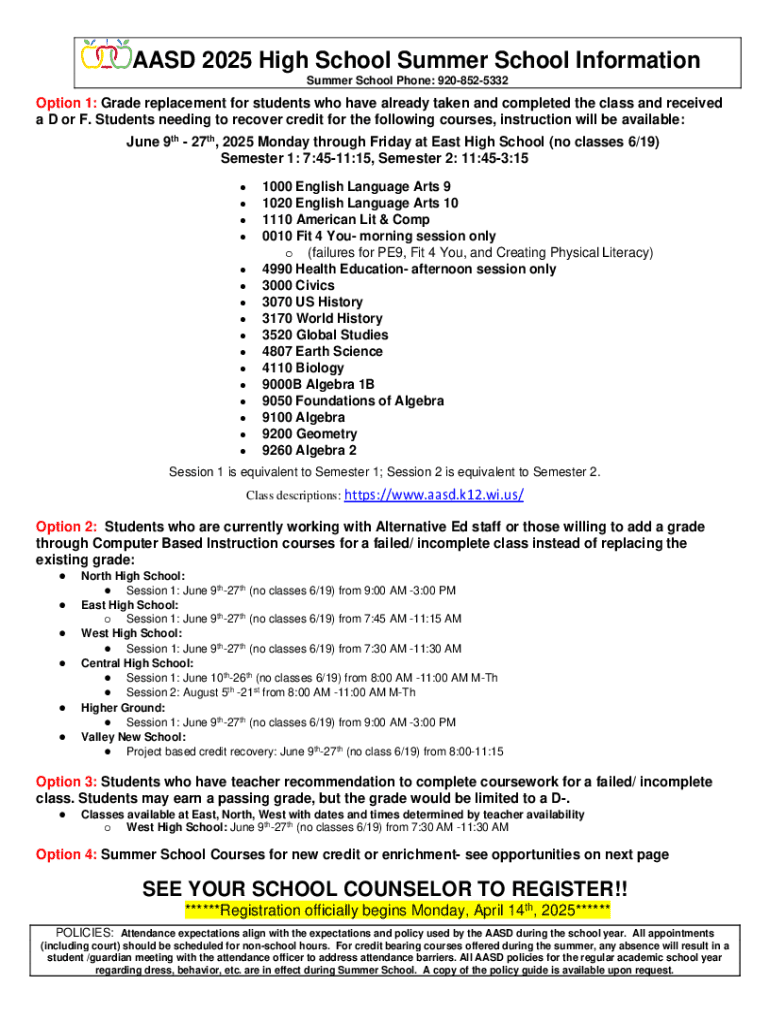Fillable Online Aasd High School Summer School Options and Registration Fax Email Print - pdfFiller