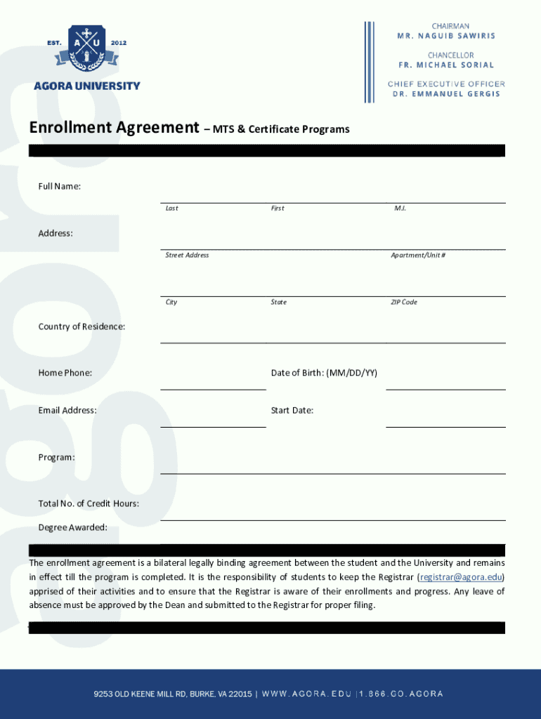 Fillable Online Enrollment Agreement for Agora University Programs Fax Email Print - pdfFiller