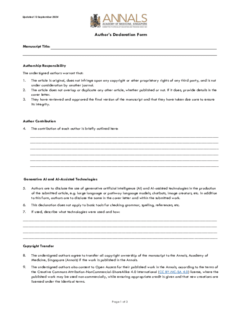Fillable Online Author’s Declaration for Manuscript Submission Fax ...