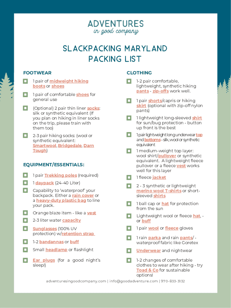 Fillable Online Packing List for Slackpacking Trip in Maryland Fax ...