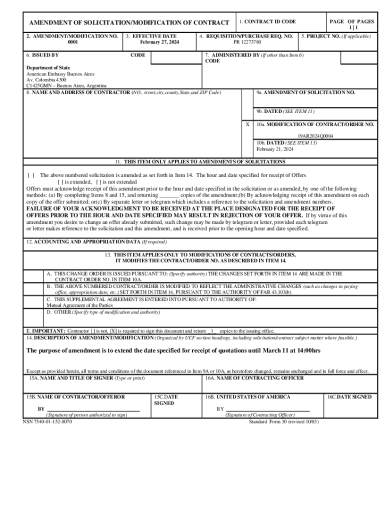 Fillable Online Amendment of Solicitation/modification of Contract Fax Email Print - pdfFiller