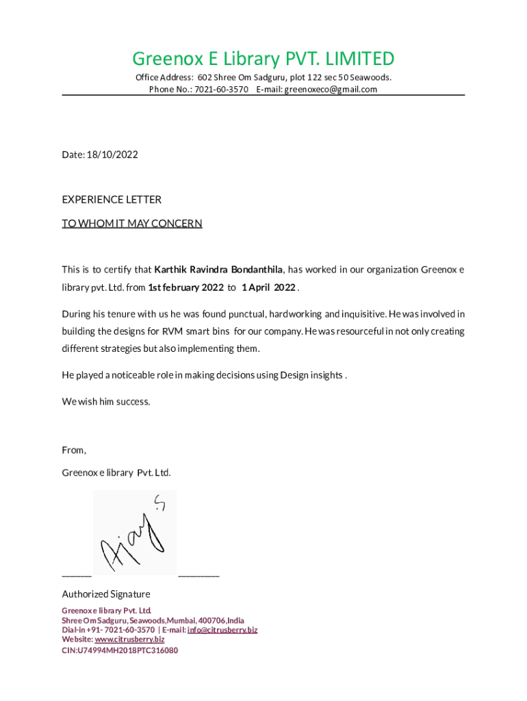 Fillable Online Experience Letter Fax Email Print - pdfFiller
