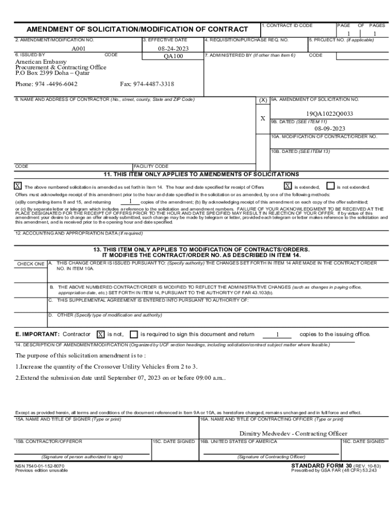 Fillable Online Amendment of Solicitation/modification of Contract Fax ...