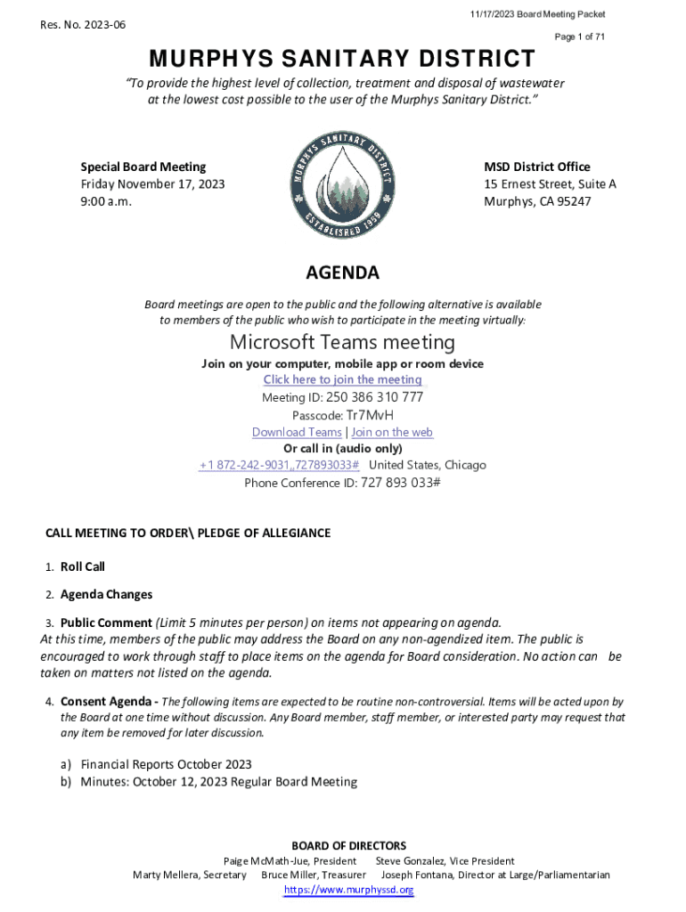 Fillable Online Murphys Sanitary District Board Meeting Packet Fax ...