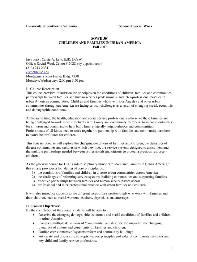 Fillable Online Course Syllabus for Sowk 304: Children and Families in ...