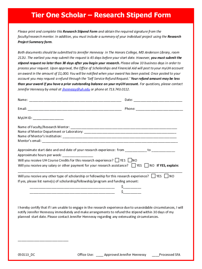 Fillable Online Tier One Scholar – Research Stipend Form Fax Email Print - pdfFiller
