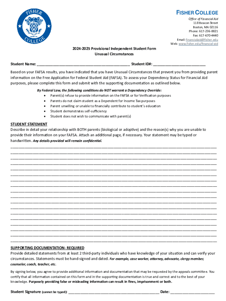 Fillable Online Provisional Independent Student Form for Financial Aid ...