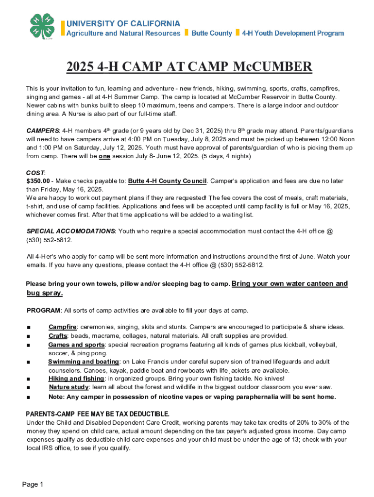 Fillable Online 2025 4-h Summer Camp Application Fax Email Print ...