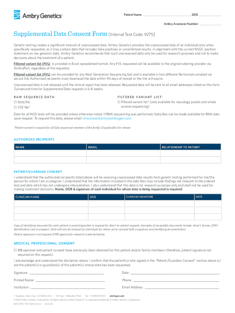 Fillable Online Supplemental Data Consent Form for Genetic Testing Fax ...