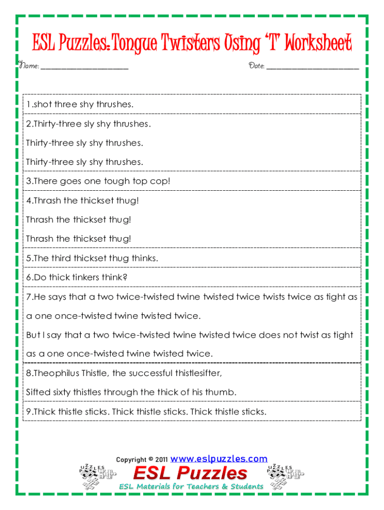Fillable Online Tongue Twisters Using ‘t’ Worksheet Fax Email Print ...