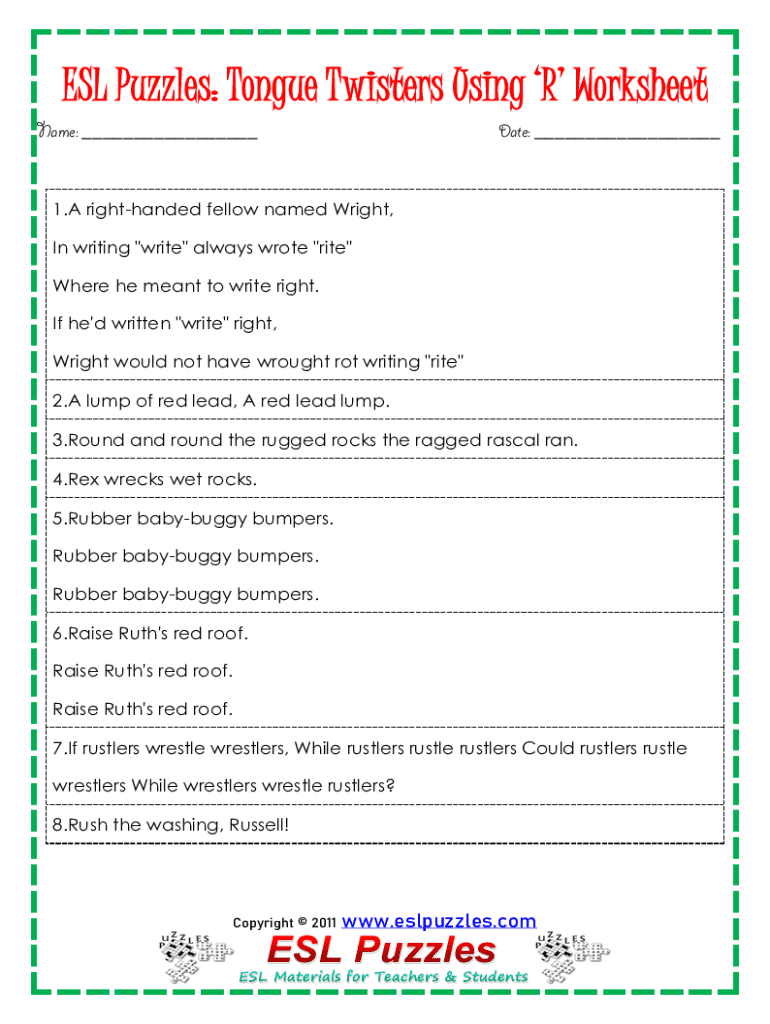 Fillable Online Tongue Twisters Worksheet Fax Email Print - pdfFiller