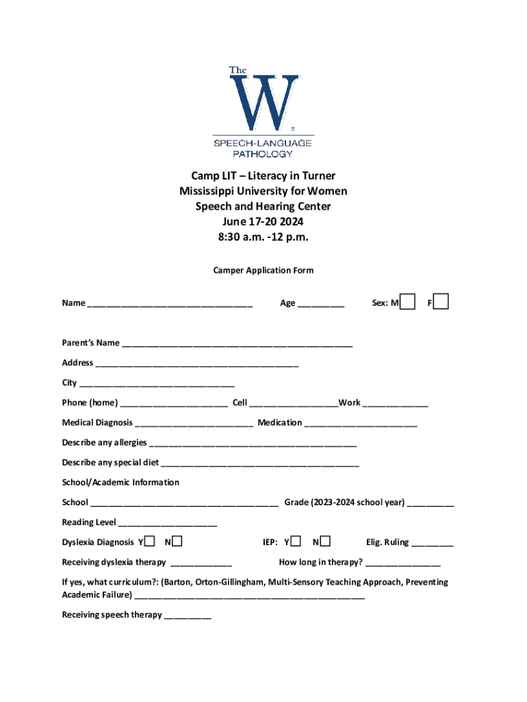 Fillable Online Camp Lit – Literacy in Turner Camper Application Fax Email Print - pdfFiller