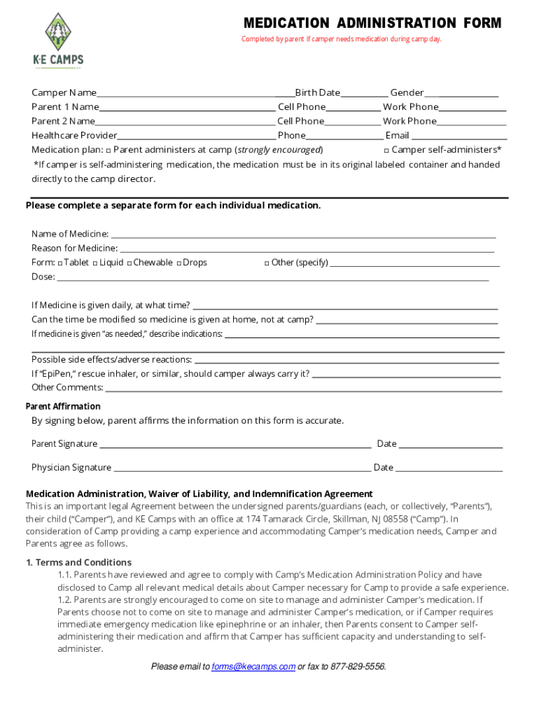 Fillable Online Medication Administration Form for Campers Fax Email ...