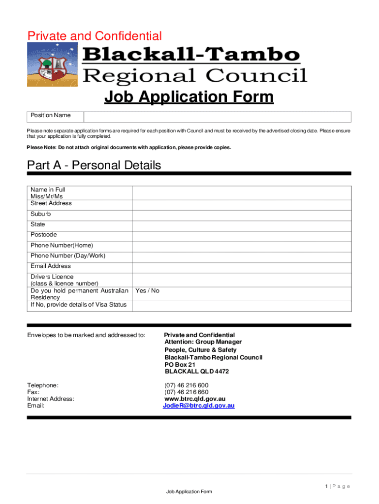 Fillable Online Job Application Form for Blackall-tambo Regional Council Fax Email Print - pdfFiller