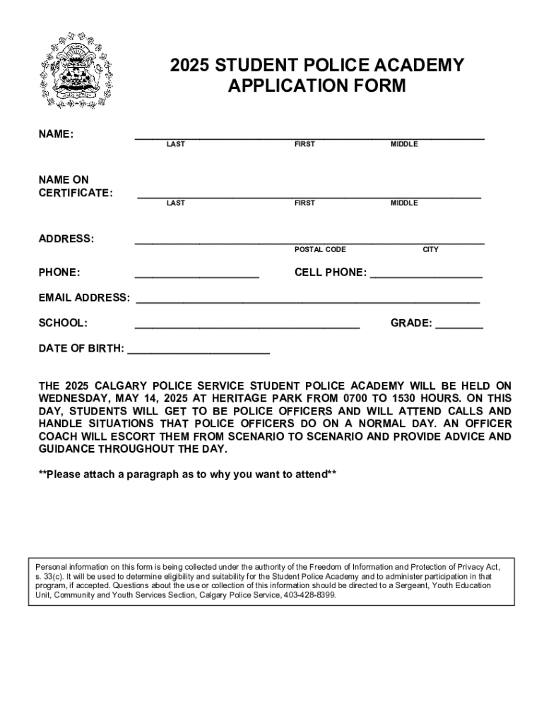 Fillable Online 2025 Student Police Academy Application Form Fax Email ...