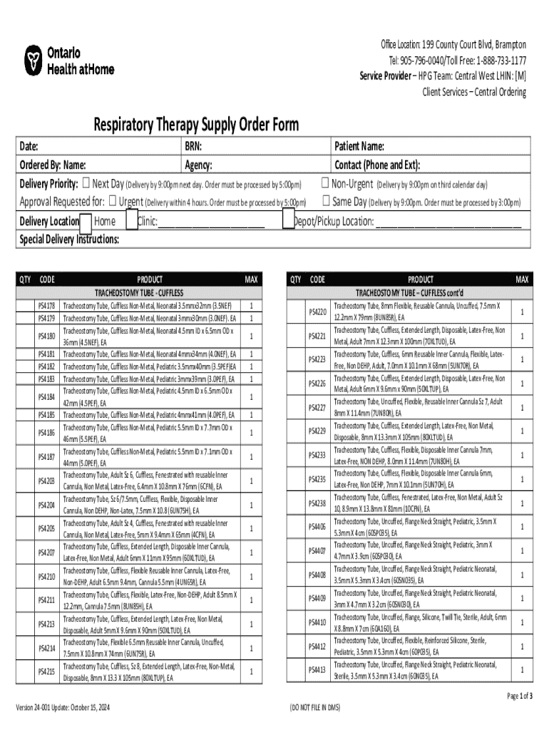 Fillable Online Respiratory Therapy Supply Order Form Fax Email Print ...