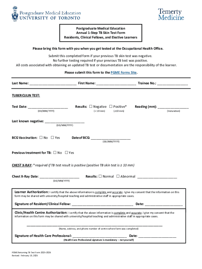 Fillable Online Postgraduate Medical Education - Annual Tb Skin Test ...