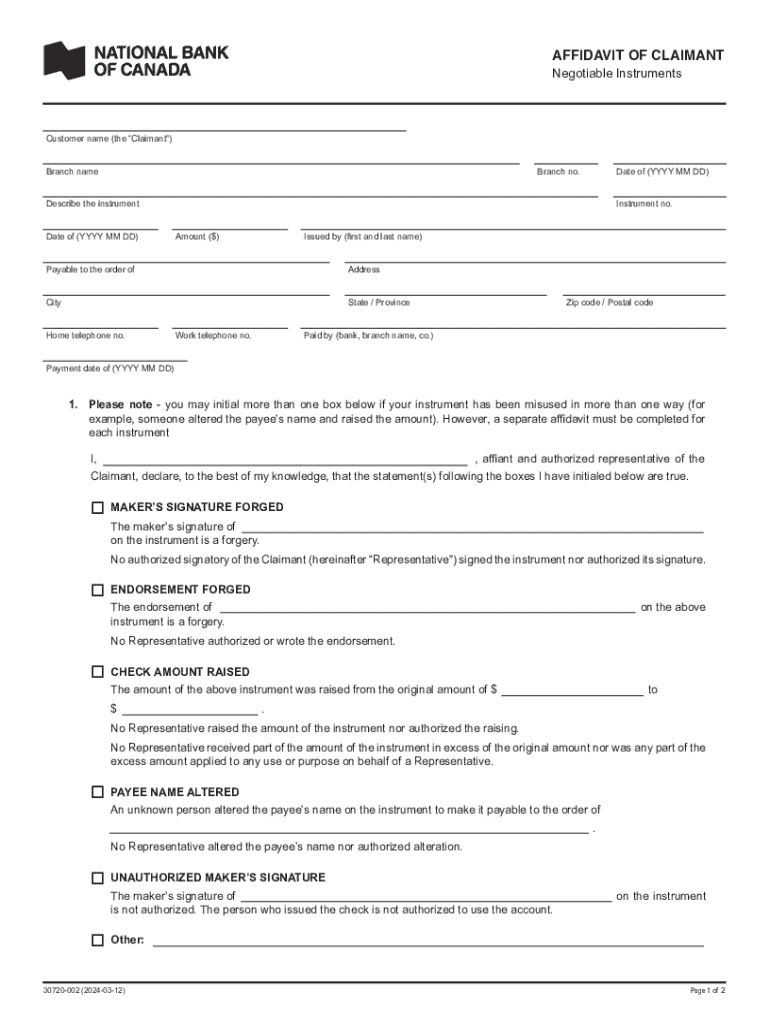 Fillable Online Affidavit of Claimant for Negotiable Instruments Fax Email Print - pdfFiller