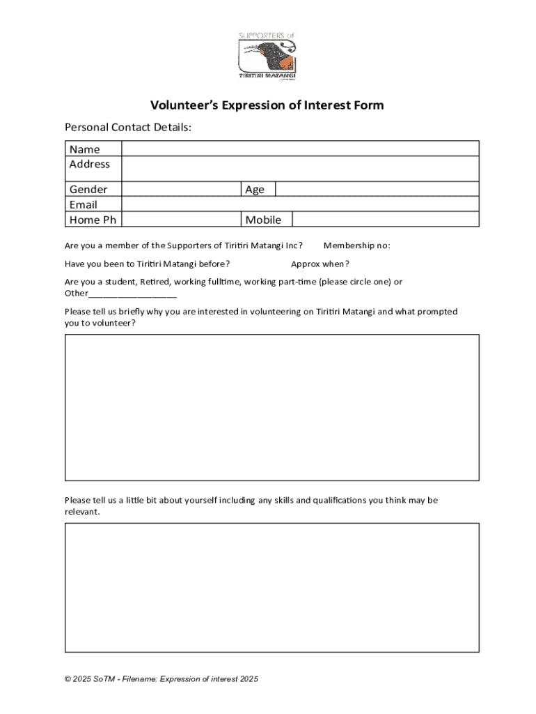 Fillable Online Expression of Interest for Volunteering Fax Email Print - pdfFiller