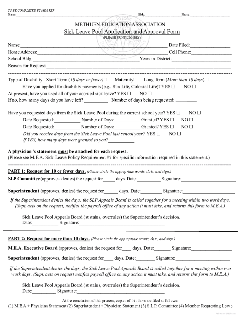 Fillable Online Sick Leave Pool Application and Approval Form Fax Email ...