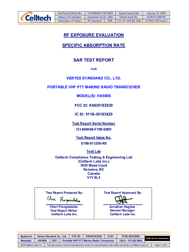 Fillable Online Sar Test Report for Vertex Standard Co., Ltd. Marine ...