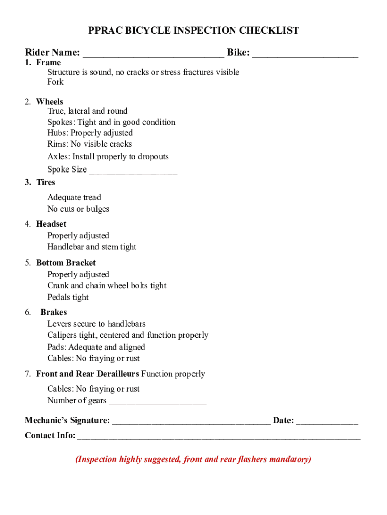 Fillable Online Bicycle Inspection Checklist Fax Email Print - pdfFiller