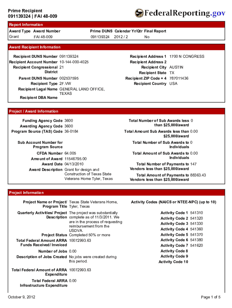 Fillable Online Prime Recipient Report for Grant Fai 48-009 Fax Email Print - pdfFiller