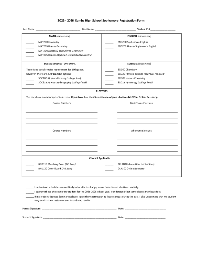 Fillable Online Combs High School Sophomore Registration Form Fax Email ...