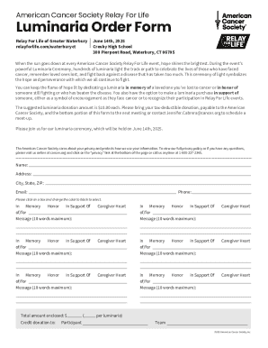 Fillable Online American Cancer Society Relay for Life Luminaria Order ...