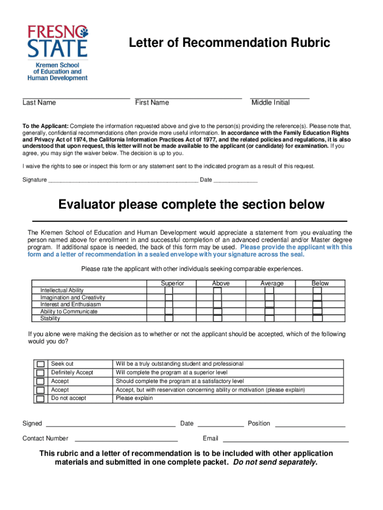 Fillable Online Letter of Recommendation for Graduate Program Fax Email ...