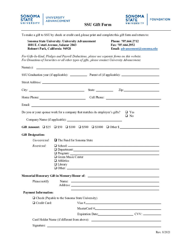 Fillable Online Sonoma State University Gift Form Fax Email Print - pdfFiller